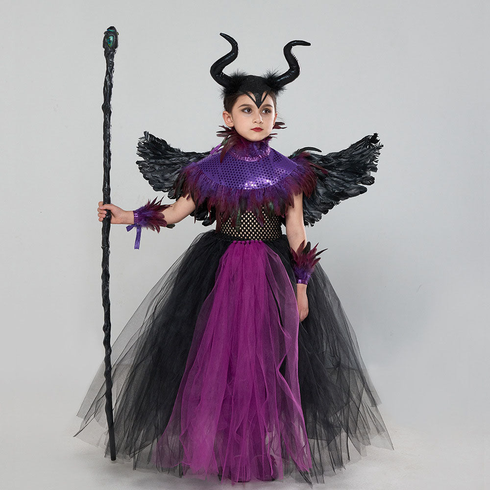 Kids Girl Maleficent Costume Evil Witch Cosplay Set With Cloak and Hor ...